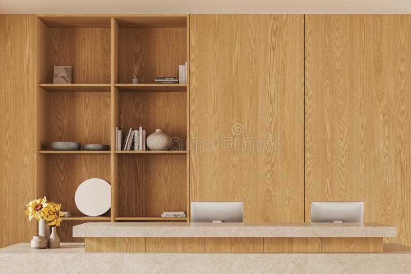 Elegant Reception Interior Stone Desk with Pc Computer and Decor, Empty ...