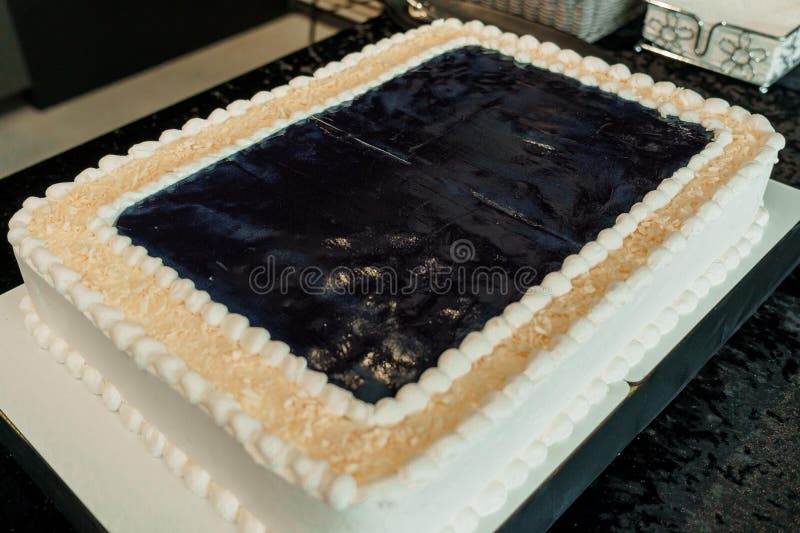 Elegant Rectangular Cake with Blue Icing and Coconut Flakes on Dark ...
