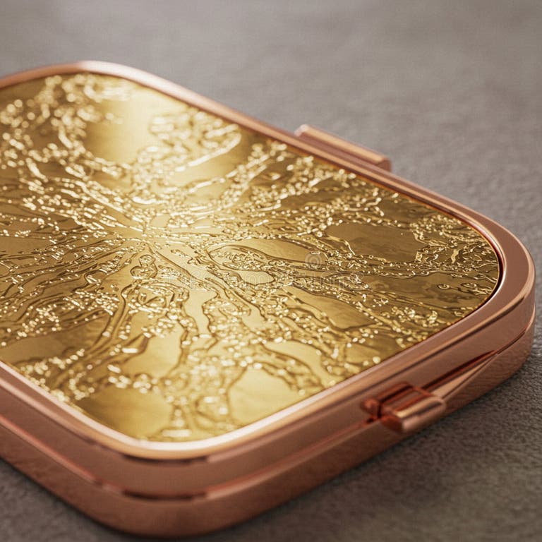 An Elegant Rectangular Compact Case Featuring a Detailed Gold-colored ...