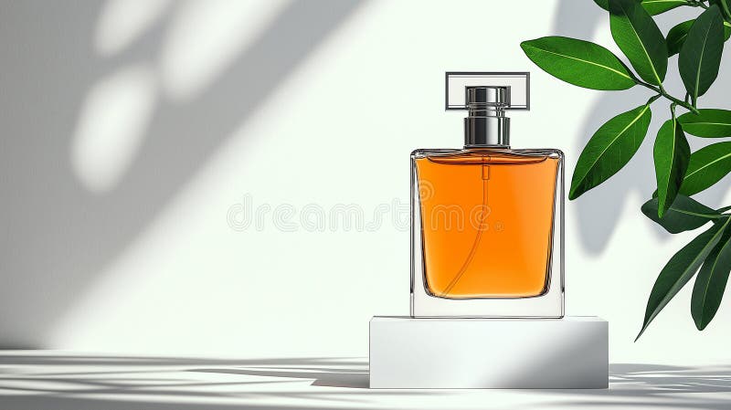 Elegant Rectangular Perfume Bottle with Orange Liquid on White Pedestal ...