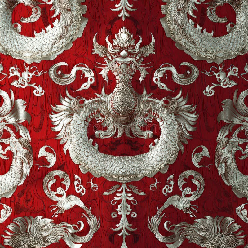 Elegant Red Background with Intricate Silver Dragon Patterns Stock ...