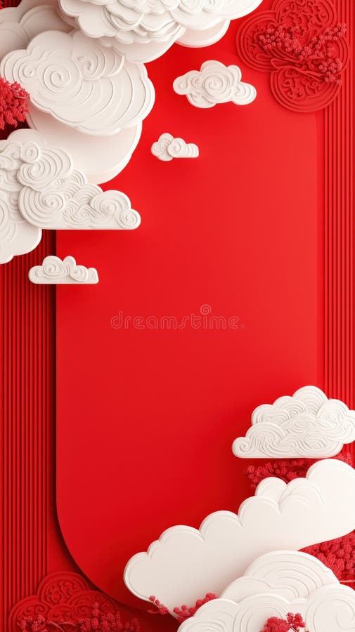 Elegant Red Background with White Clouds and Floral Accents Stock ...