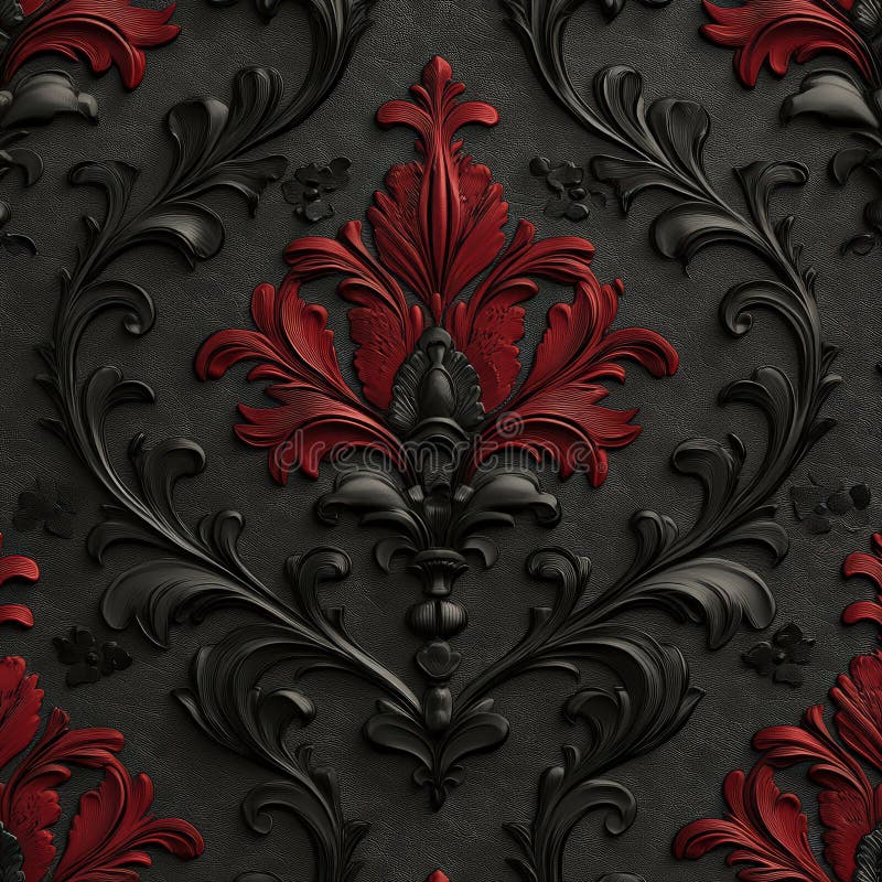 Elegant Red and Black Floral Damask Pattern with Intricate Design Stock ...