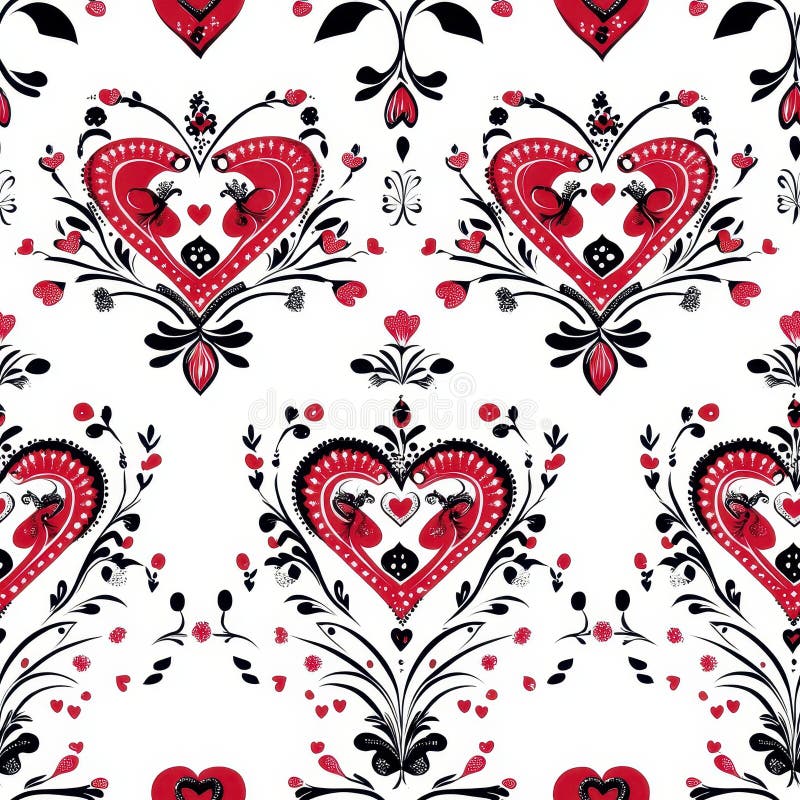 Elegant Red and Black Heart Pattern with Floral Elements on White ...