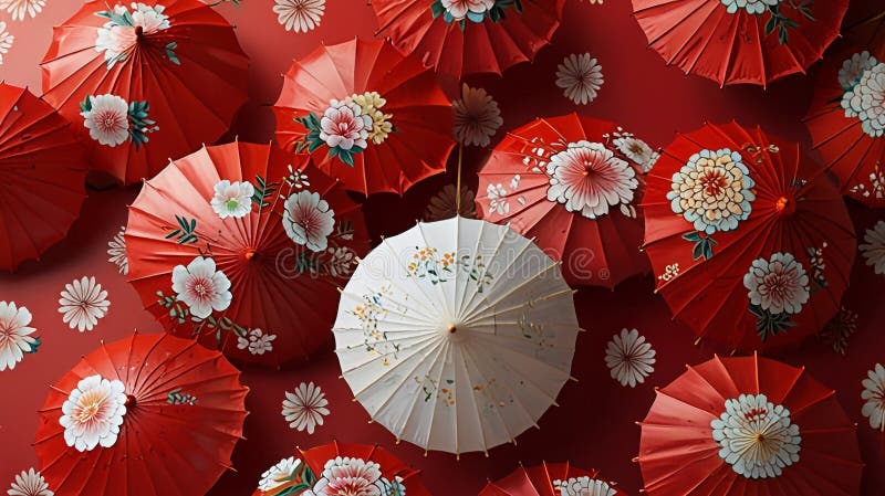 Elegant Red Chinese Umbrellas with Floral Patterns Creating an Asian ...