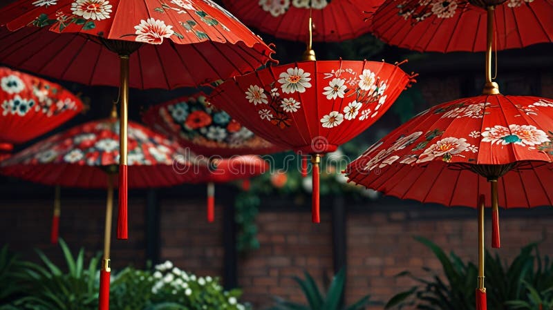 Elegant Red Chinese Umbrellas with Floral Patterns Creating an Asian ...