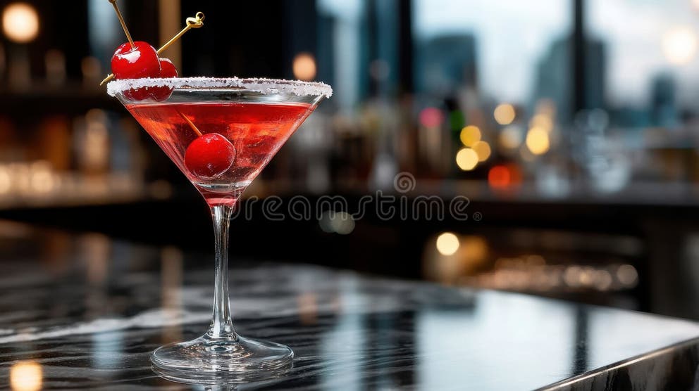 Elegant Red Cocktail with Cherry Garnish in Upscale Bar Setting Stock ...