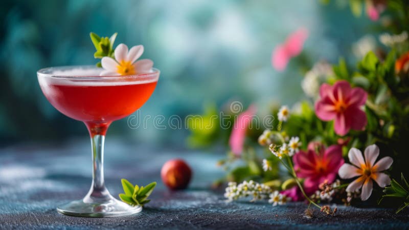 Elegant Red Cocktail with Floral Garnish and Blue Backdrop Stock Image ...