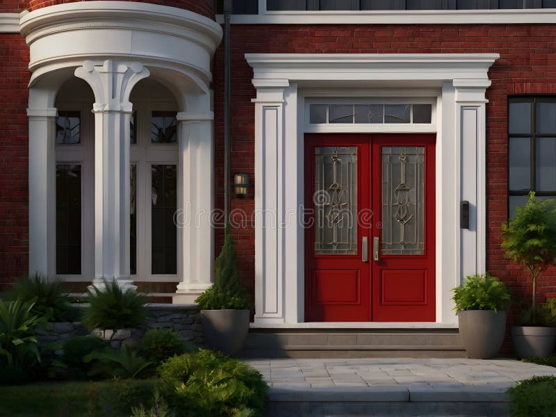 Elegant Red Double Doors Framed by Classic Architecture and Lush ...