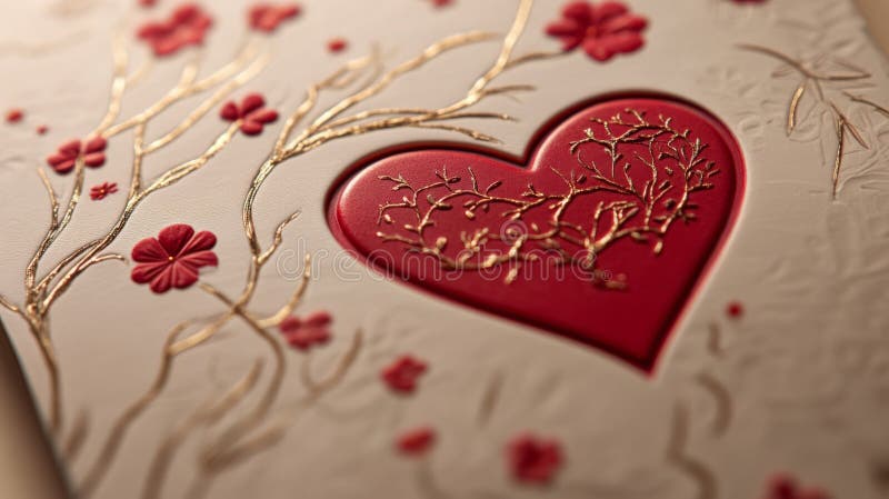 Elegant Red Embossed Heart with Gold Floral Design Stock Illustration ...