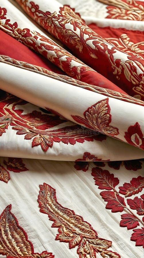 Elegant Red Embroidered Fabric with Flowing Texture and Floral Patterns ...