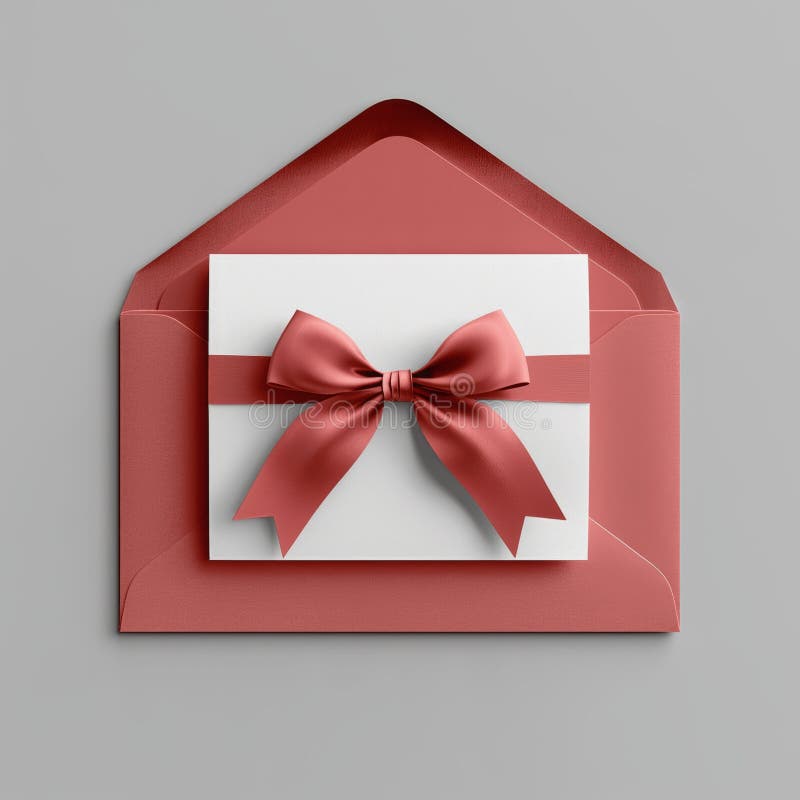 Elegant Red Envelope with White Card and Ribbon on Grey Background ...