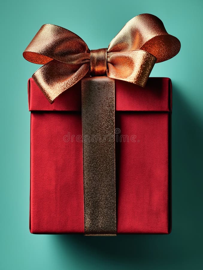 Elegant Red Gift Box with Large Metallic Gold Bow on Teal Background ...