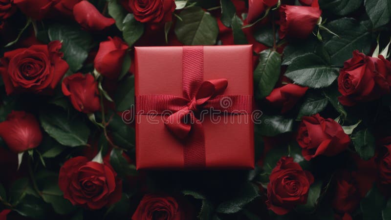 Elegant Red Gift Box with Ribbon Surrounded by Roses Stock Illustration ...