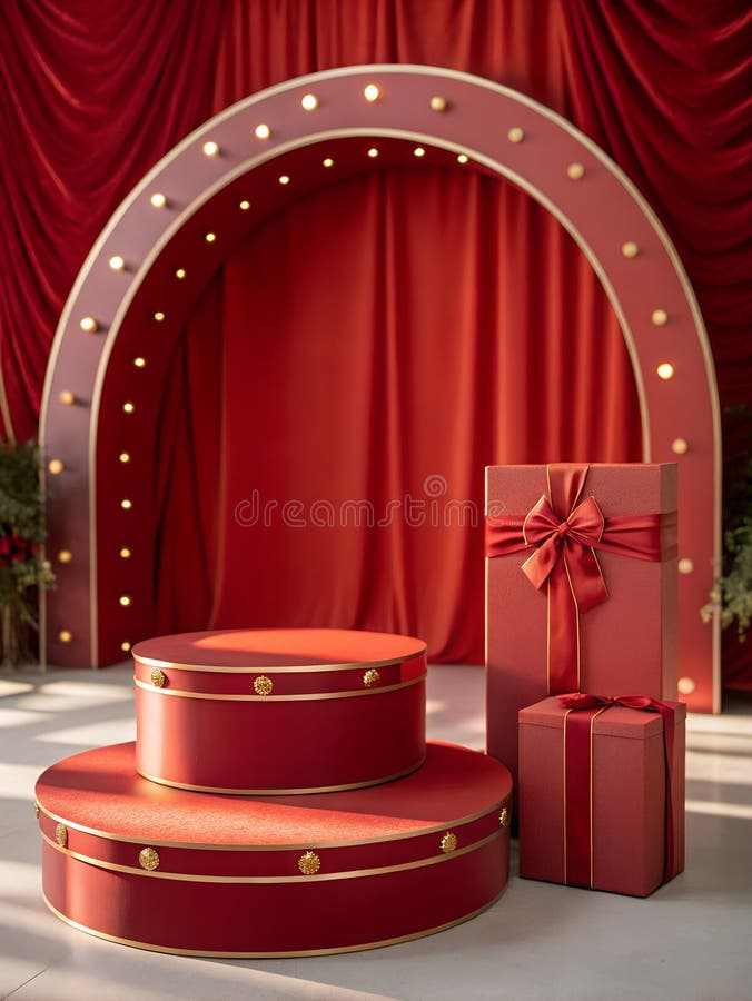 Elegant Red Gift Boxes on Two-Tiered Round Display Platform with Arch ...