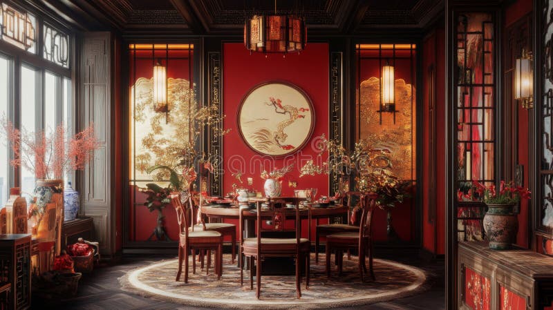 Elegant Red and Gold Chinese Dining Room Interior Design Stock ...