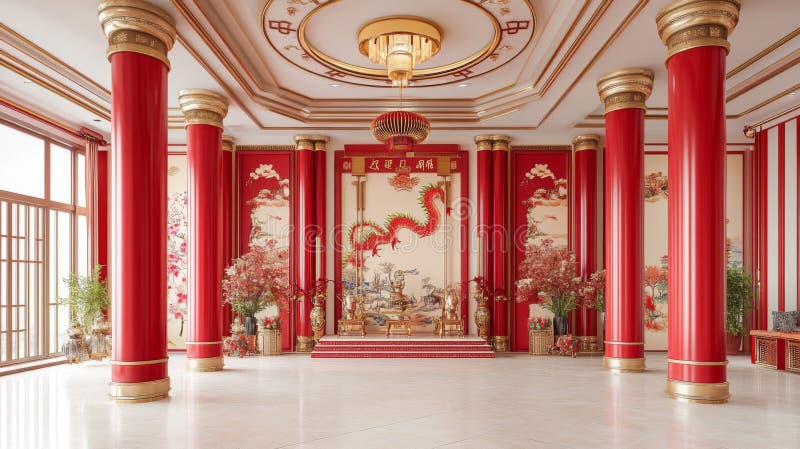 Elegant Red and Gold Chinese Palace Interior Design Stock Illustration ...