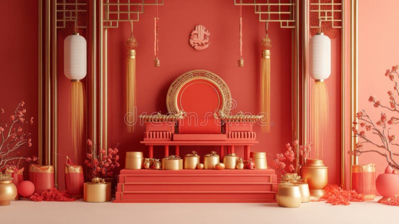 Elegant Red and Gold Chinese Throne Room Setting Stock Illustration ...