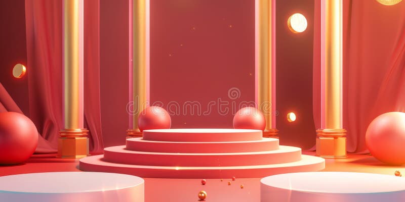 Elegant Red and Gold Stage with Columns and Spheres in Dramatic ...
