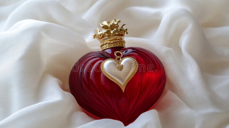 Elegant Red Heart Shaped Perfume Bottle on Silk Stock Illustration ...