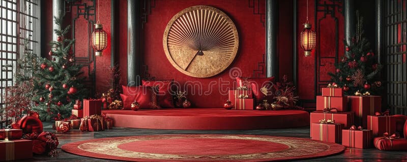 Elegant Red Holiday Scene with Decorative Gift Boxes on Display Stock ...