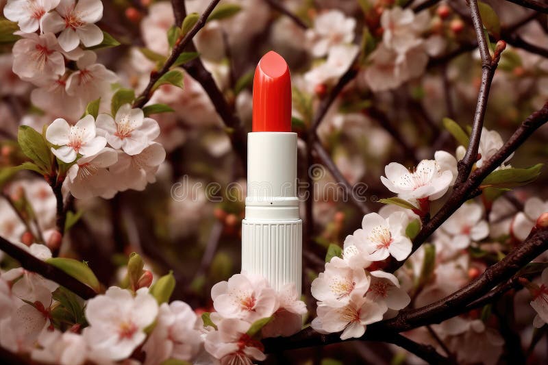 Elegant Red Lipstick with Boughs of Cherry Extreme Closeup. Generative ...