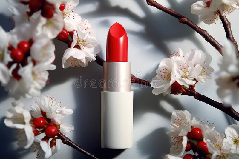 Elegant Red Lipstick with Boughs of Cherry Extreme Closeup. Generative ...