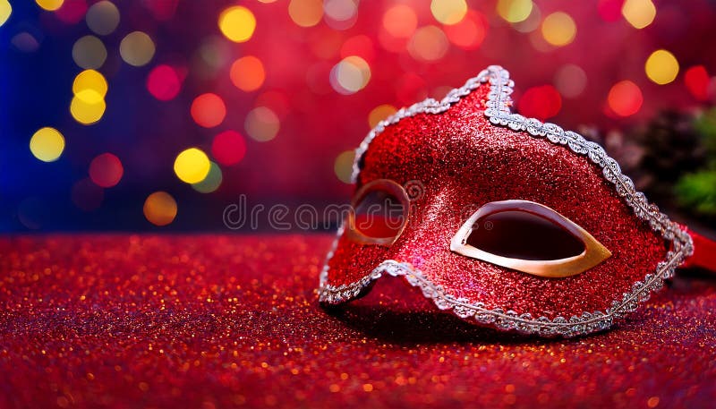 Elegant Red Masquerade Mask with Glitter and Bokeh Lights in a Festive ...