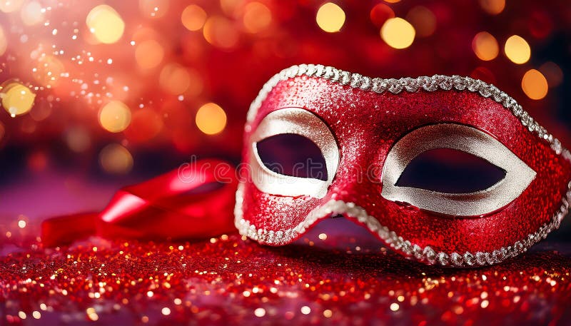 Elegant Red Masquerade Mask with Glitter and Bokeh Lights in a Festive ...