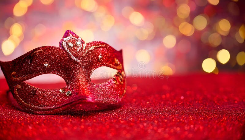 Elegant Red Masquerade Mask with Glitter and Bokeh Lights in a Festive ...