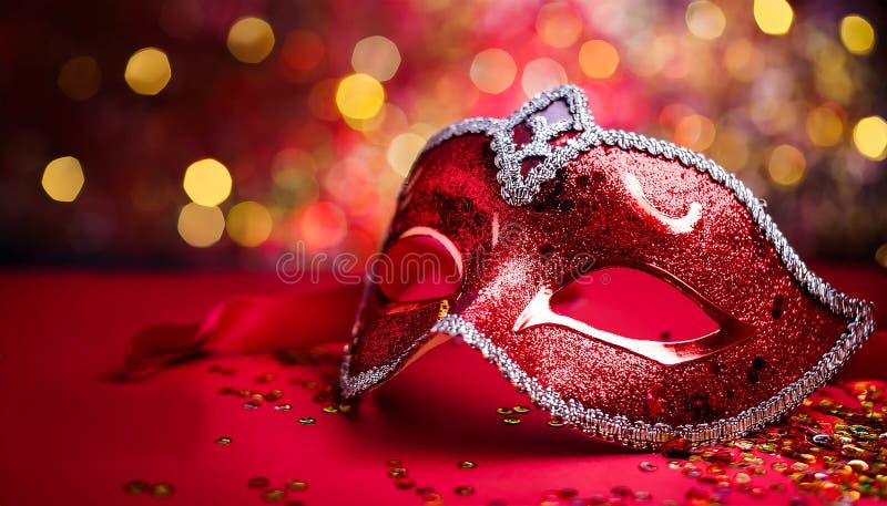 Elegant Red Masquerade Mask with Glitter and Bokeh Lights in a Festive ...