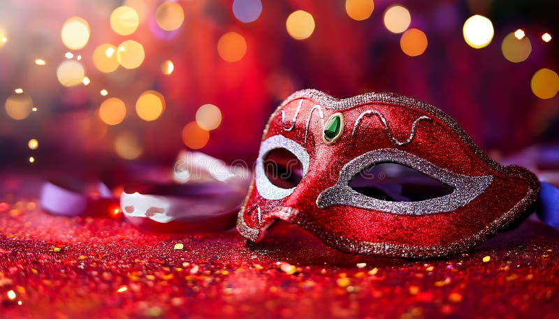 Elegant Red Masquerade Mask with Glitter and Bokeh Lights in a Festive ...