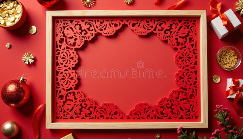 Elegant Red Paper Cutting Art with Festive Decorations, Celebration ...
