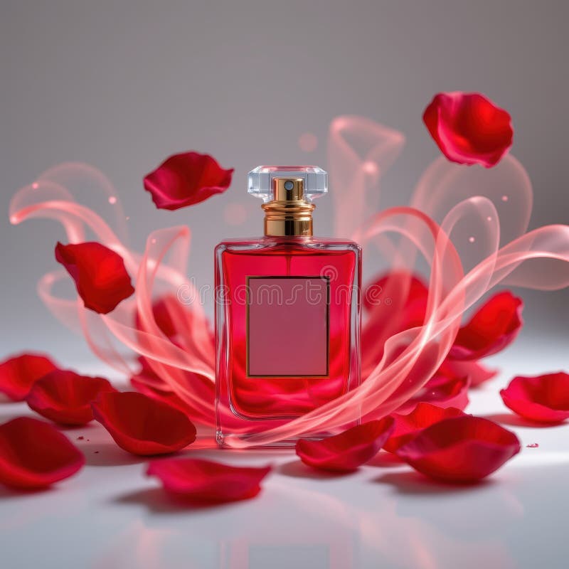 Elegant Red Perfume Bottle Surrounded by Rose Petals and Soft Light ...
