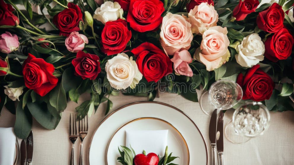 Elegant Red and Pink Roses Table Setting for Romantic Dinner Stock ...