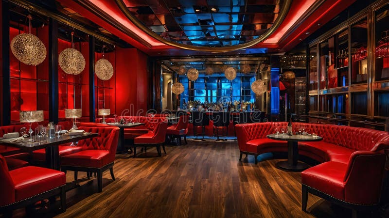 Elegant Red Restaurant Interior Design with Bar Stock Illustration ...