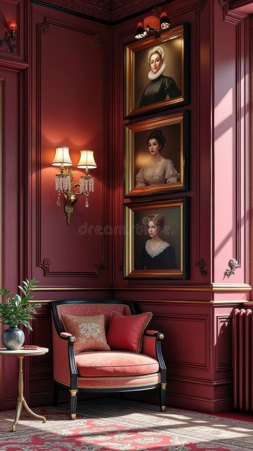 Elegant Red Room with Classic Portraits and Luxurious Armchair Stock ...