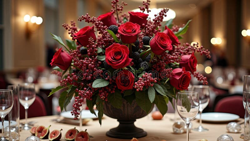 Elegant Red Rose Berry Centerpiece Luxurious Dining Setting Stock ...