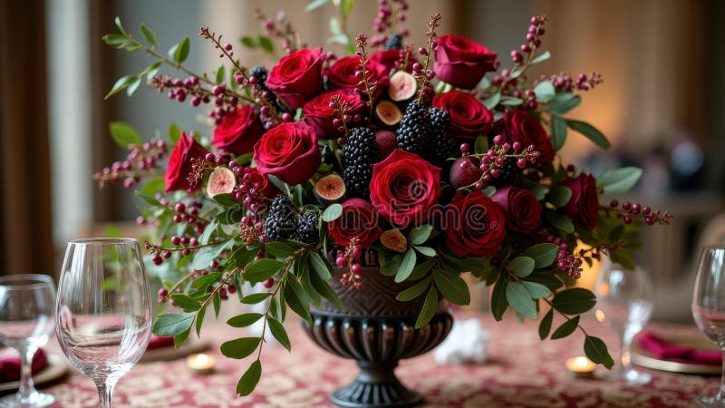 Elegant Red Rose Centerpiece with Berries and Figs on Ornate Table ...