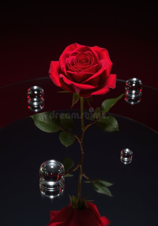 Elegant Red Rose with Crystal Spheres on Reflective Surface in Dark ...