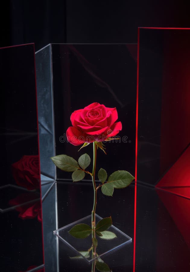 Elegant Red Rose with Geometric Glass Reflections in Dramatic Lighting ...
