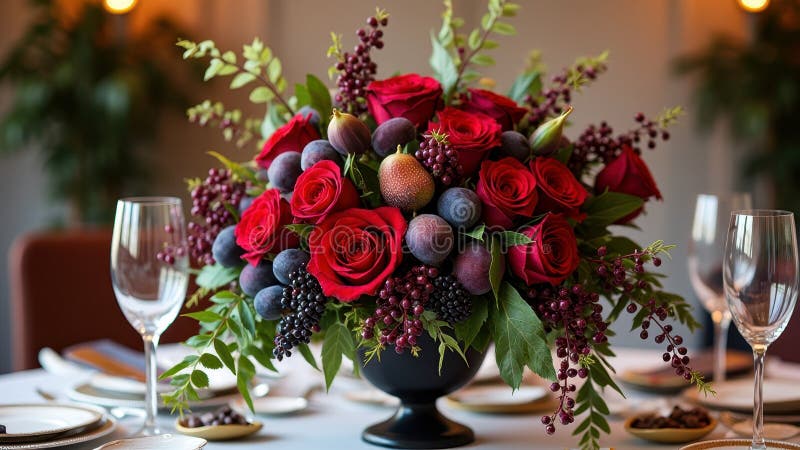 Elegant Red Rose and Plum Centerpiece with Greenery on Formal Dining ...