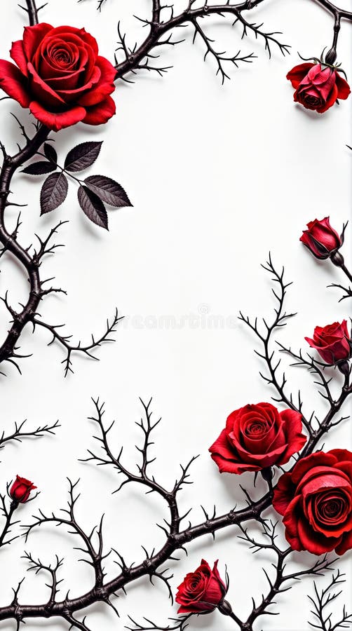 Elegant Red Roses with Black Thorns on White Background Stock ...