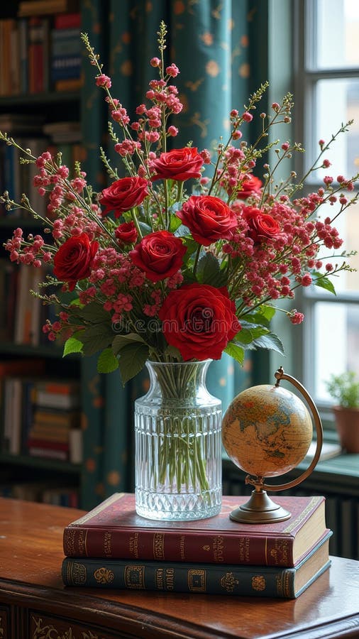 Elegant Red Roses and Pink Bouquets in Crystal Vase on Books with Globe ...