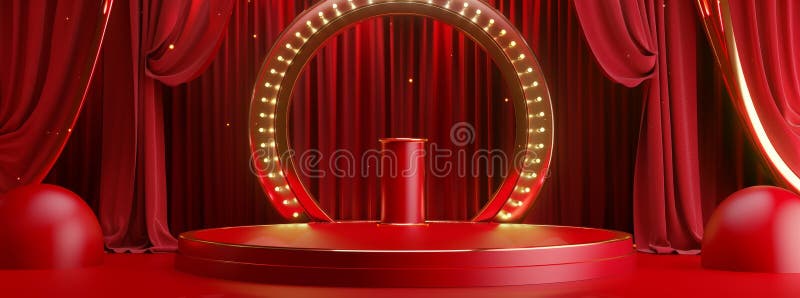 Elegant Red Stage with Circular Backdrop and Velvet Curtains Under Soft ...