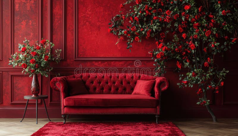 Elegant Red Velvet Sofa Surrounded by Roses on Deep Red Wall Stock ...