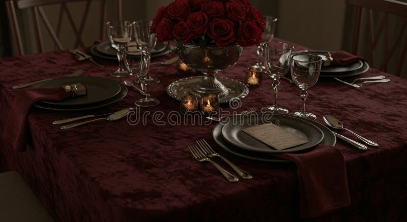 Elegant Red Velvet Table Setting with Roses and Candles Stock ...