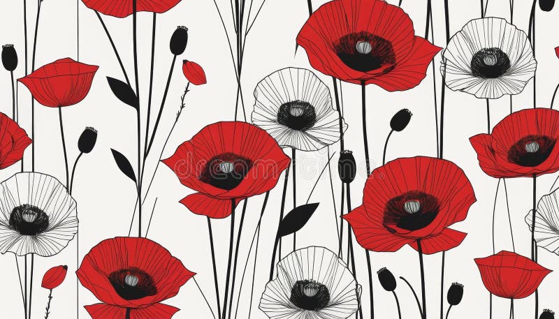 Elegant Red and White Poppy Floral Seamless Pattern, Vector ...
