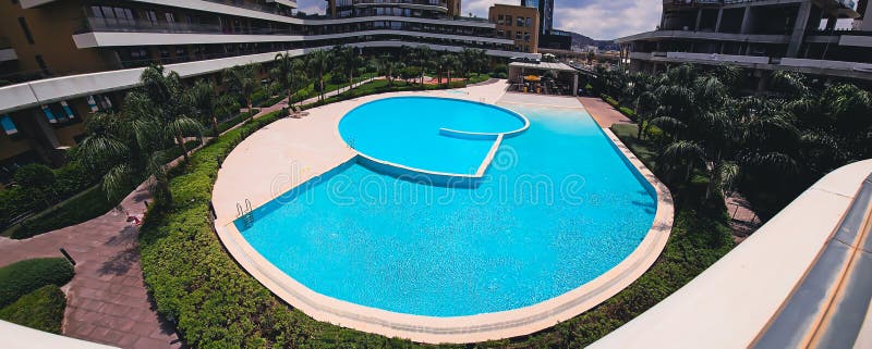 Elegant Residential Pool Area Blue Stock Image - Image of vacation ...