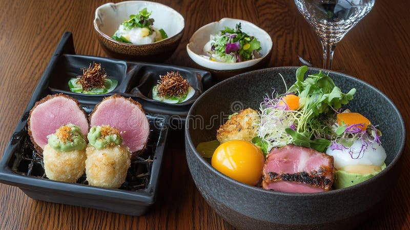 Elegant Restaurant Appetizer Tasting Menu, Wooden Table, Fine Dining ...
